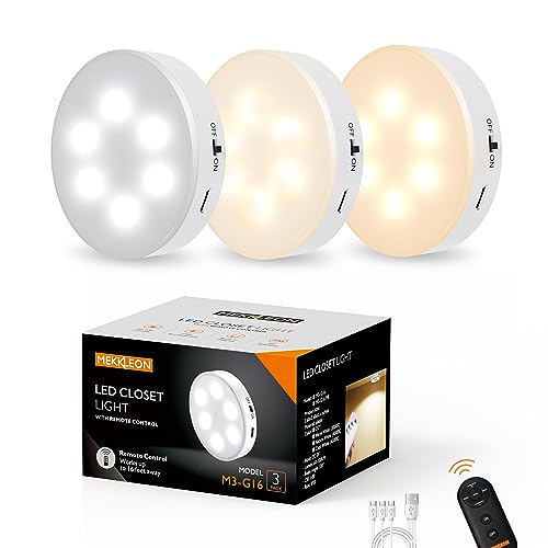 Wireless LED Puck Light with Remote,3 Color Temperatures Dimmable Under Cabinet, Closet Light, Rechargeable Under Counter Lighting,Stick On Lights for Bar,Hallway, Stairway,Kitchen (3 Pack CCT)