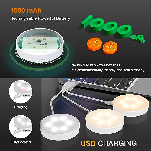 Wireless LED Puck Light with Remote,3 Color Temperatures Dimmable Under Cabinet, Closet Light, Rechargeable Under Counter Lighting,Stick On Lights for Bar,Hallway, Stairway,Kitchen (3 Pack CCT)