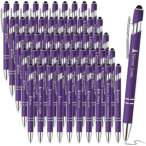 Tenceur 50 Pcs Breast Cancer Awareness Pink Ribbon Ballpoint Pen with Stylus Tip Black Ink Pens Touch Screens Breast Cancer Gifts for Women Girls Charity Social Event Office Supplies (Purple)