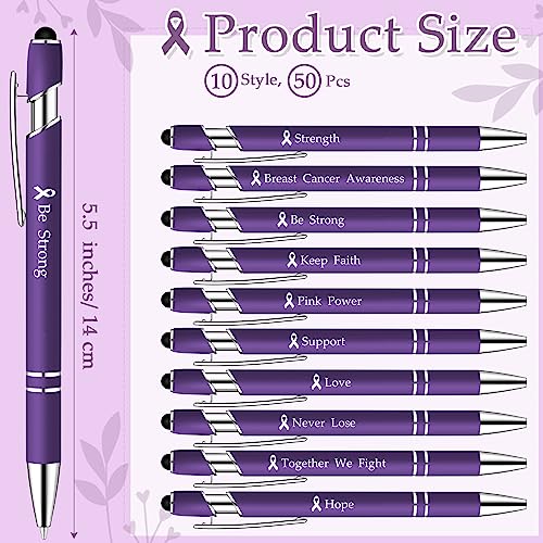 Tenceur 50 Pcs Breast Cancer Awareness Pink Ribbon Ballpoint Pen with Stylus Tip Black Ink Pens Touch Screens Breast Cancer Gifts for Women Girls Charity Social Event Office Supplies (Purple)