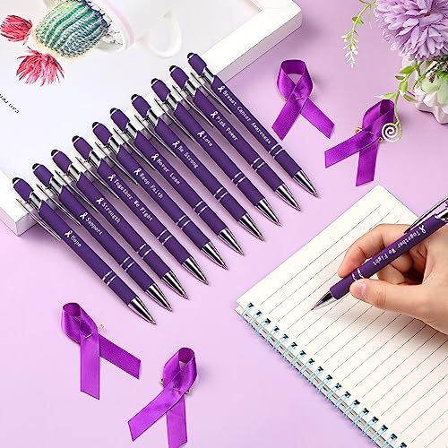 Tenceur 50 Pcs Breast Cancer Awareness Pink Ribbon Ballpoint Pen with Stylus Tip Black Ink Pens Touch Screens Breast Cancer Gifts for Women Girls Charity Social Event Office Supplies (Purple)