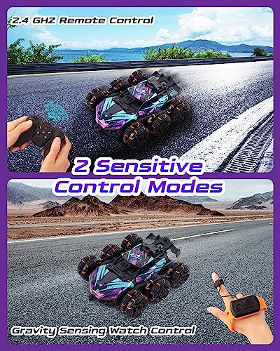 SUPERSUN Remote Control Car, 1:24 RC Stunt Car, 360 Flips Rotating RC Cars with Light Spray Effect, 6WD 2.4Ghz Electric Racing Toy Car, Birthday for Boys Kids Over 6 Years Old