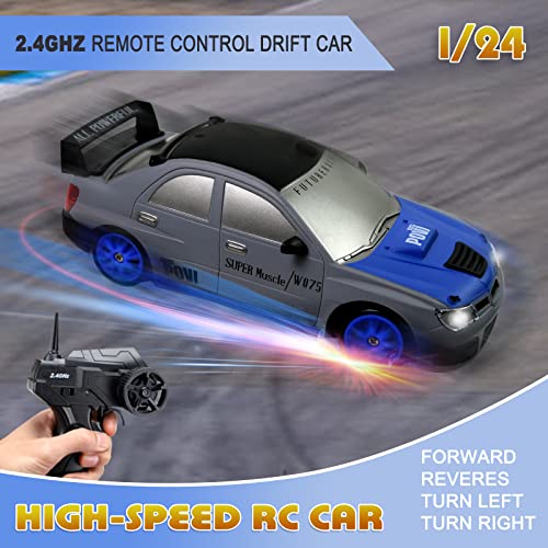 Remote Control Car RC Drift Car 2.4GHz 1:24 Scale 4WD 15KM/H High Speed Model Vehicle with LED Lights Drifting Tire Racing Sport Toy Car for Adults Boys Girls Kids Gift 2Pcs Rechargeable Batteries