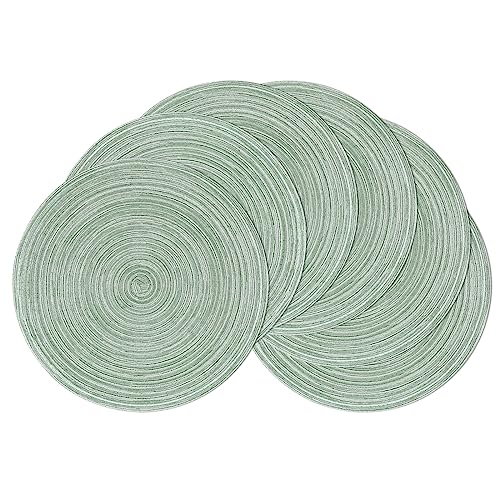 SHACOS Round Braided Placemats Set of 6 Two Tone Bicolor Woven Table Mats 15 inch Washable Dining Table Place Mats for Home Wedding Party, Sage Green White