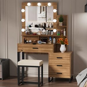 pakalife makeup vanity desk with mirror and 3-color lights, 39.4" makeup vanity set with drawers, storage shelves and stool, 3 lighting modes adjustable, white vanity (brown)