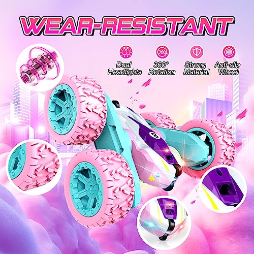 LET'S GO! RC Cars Toys for Girls Remote Control Stunt Car Outdoor Toy for 4 5 6 7 8 9 Year Old Girl Boys Kids Gifts Double Sided 4WD Race Car 360°Flip Birthday Gift for Girls Boys Kid Age 8-12