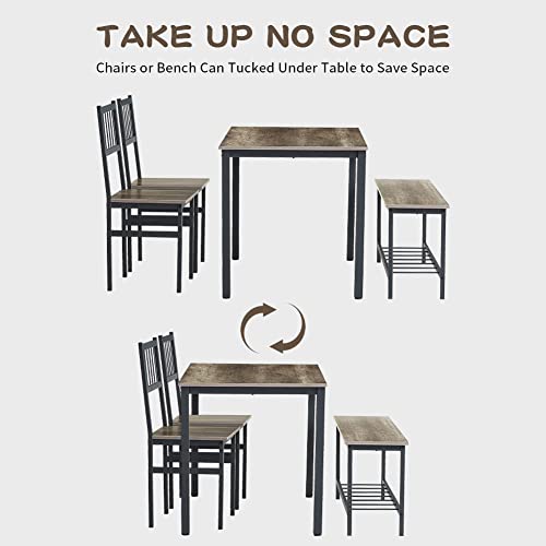 Dining Table Set for 4,Kitchen Table with 2 Chairs & 1 Bench,Wood Breakfast Table Set with Storage Racks for Small Space,Apartment,Dining Room, Home Office