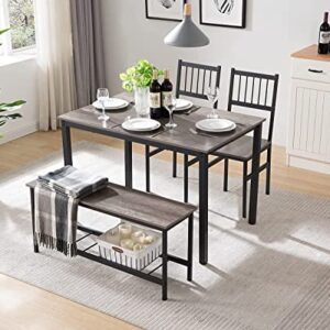 Dining Table Set for 4,Kitchen Table with 2 Chairs & 1 Bench,Wood Breakfast Table Set with Storage Racks for Small Space,Apartment,Dining Room, Home Office