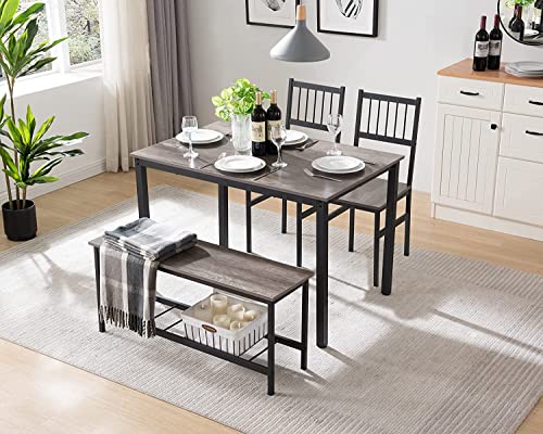 Dining Table Set for 4,Kitchen Table with 2 Chairs & 1 Bench,Wood Breakfast Table Set with Storage Racks for Small Space,Apartment,Dining Room, Home Office