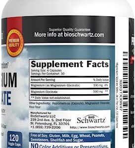 Magnesium Glycinate 500mg Capsules (120 Mini Caps) Maximum Absorption Magnesium Supplement for Nerves Muscles Heart Mood and Sleep Support (Vegan Safe with No Gluten, Soy or GMOs) by BioSchwartz