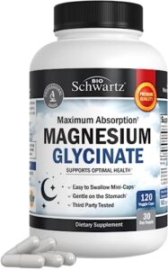 magnesium glycinate 500mg capsules (120 mini caps) maximum absorption magnesium supplement for nerves muscles heart mood and sleep support (vegan safe with no gluten, soy or gmos) by bioschwartz