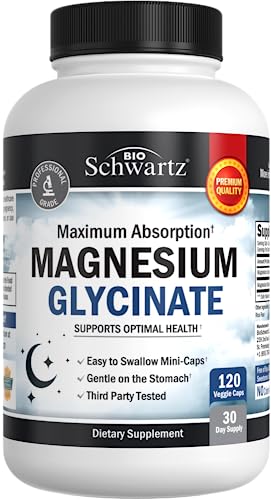 Magnesium Glycinate 500mg Capsules (120 Mini Caps) Maximum Absorption Magnesium Supplement for Nerves Muscles Heart Mood and Sleep Support (Vegan Safe with No Gluten, Soy or GMOs) by BioSchwartz