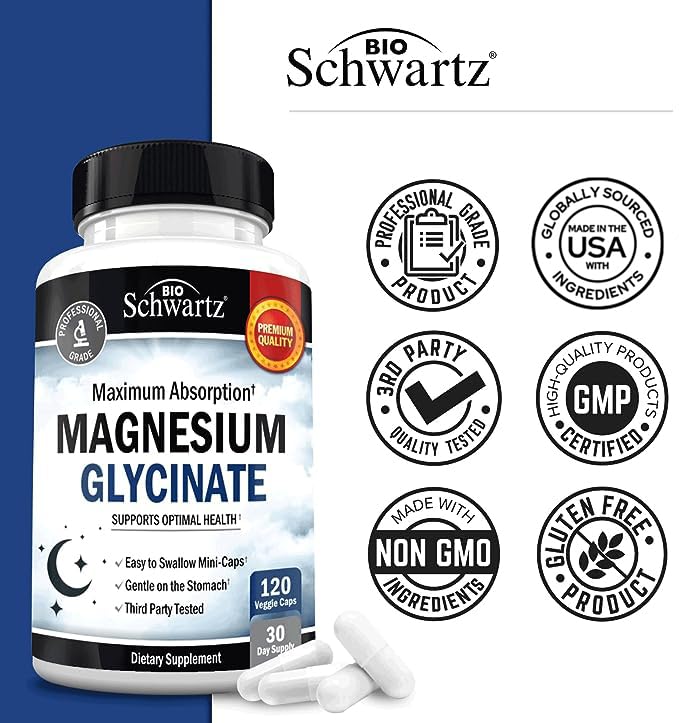 Magnesium Glycinate 500mg Capsules (120 Mini Caps) Maximum Absorption Magnesium Supplement for Nerves Muscles Heart Mood and Sleep Support (Vegan Safe with No Gluten, Soy or GMOs) by BioSchwartz