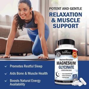 Magnesium Glycinate 500mg Capsules (120 Mini Caps) Maximum Absorption Magnesium Supplement for Nerves Muscles Heart Mood and Sleep Support (Vegan Safe with No Gluten, Soy or GMOs) by BioSchwartz