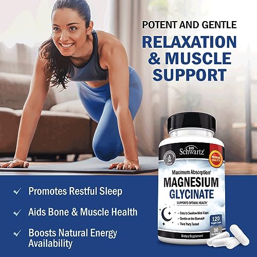 Magnesium Glycinate 500mg Capsules (120 Mini Caps) Maximum Absorption Magnesium Supplement for Nerves Muscles Heart Mood and Sleep Support (Vegan Safe with No Gluten, Soy or GMOs) by BioSchwartz