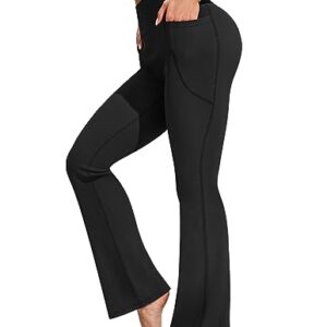 Pinspark Women's High Waisted Bootcut Yoga Pants Ribbed Flare Yoga Pants Tummy Control Elastic Bootleg Gym Pants with Pockets Black XL