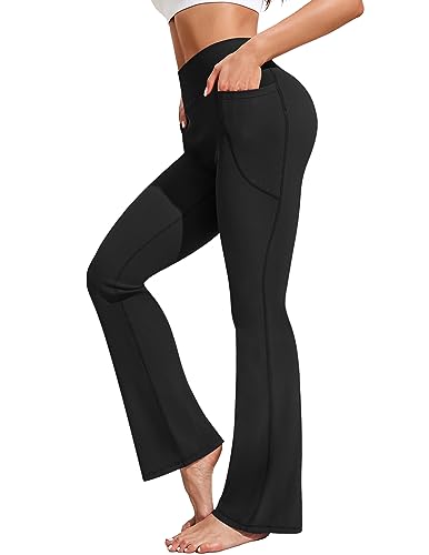 Pinspark Women's High Waisted Bootcut Yoga Pants Ribbed Flare Yoga Pants Tummy Control Elastic Bootleg Gym Pants with Pockets Black XL