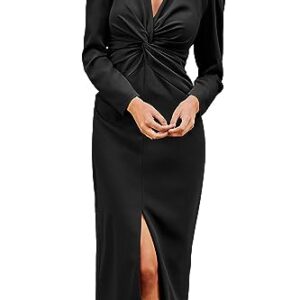 PRETTYGARDEN Women's Fall Fashion 2023 Long Puff Sleeve Maxi Dresses V Neck Twist Front Formal Dress with Slit (Black,Medium)