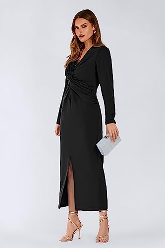 PRETTYGARDEN Women's Fall Fashion 2023 Long Puff Sleeve Maxi Dresses V Neck Twist Front Formal Dress with Slit (Black,Medium)