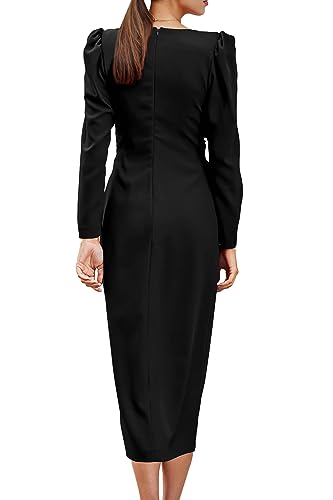 PRETTYGARDEN Women's Fall Fashion 2023 Long Puff Sleeve Maxi Dresses V Neck Twist Front Formal Dress with Slit (Black,Medium)