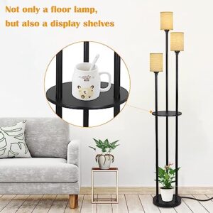 Boho Floor Lamp with Shelves, Black Floor Lamp with Hand-woven Shade, 3-Lights Corner Display Standing Lamp, Farmhouse Rustic Floor Lamps For Living Room, Bedroom, Office, Metal Tall Lamp for Reading