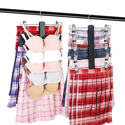 Wooden Skirt Hangers, 2 Pack Pants Hangers with Clips for Closet, 2 in1 Design Closet Organizer, Space Saving in One Clothes Hanger for Skrits/Pants/Bras/Tank Top, Girls Dorm Room Essentials