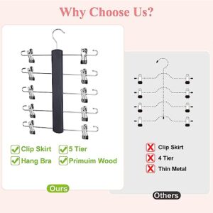 Wooden Skirt Hangers, 2 Pack Pants Hangers with Clips for Closet, 2 in1 Design Closet Organizer, Space Saving in One Clothes Hanger for Skrits/Pants/Bras/Tank Top, Girls Dorm Room Essentials