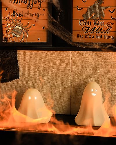 DN DECONATION Cute Ceramic Light Up Ghost Decor, 3PCS Ghost Halloween Decor White Spooky Sculptures, Small Led Ghost Figurines for Indoor Halloween Party Desk Tabletop Centerpieces Decoration