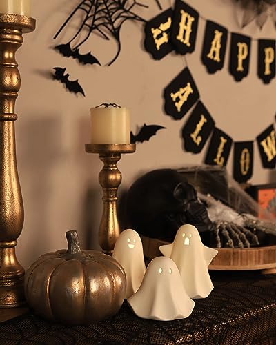 DN DECONATION Cute Ceramic Light Up Ghost Decor, 3PCS Ghost Halloween Decor White Spooky Sculptures, Small Led Ghost Figurines for Indoor Halloween Party Desk Tabletop Centerpieces Decoration