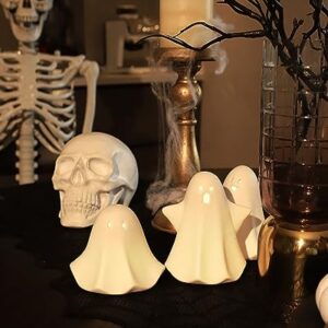 DN DECONATION Cute Ceramic Light Up Ghost Decor, 3PCS Ghost Halloween Decor White Spooky Sculptures, Small Led Ghost Figurines for Indoor Halloween Party Desk Tabletop Centerpieces Decoration