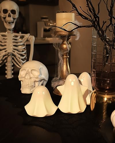 DN DECONATION Cute Ceramic Light Up Ghost Decor, 3PCS Ghost Halloween Decor White Spooky Sculptures, Small Led Ghost Figurines for Indoor Halloween Party Desk Tabletop Centerpieces Decoration