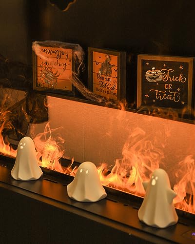 DN DECONATION Cute Ceramic Light Up Ghost Decor, 3PCS Ghost Halloween Decor White Spooky Sculptures, Small Led Ghost Figurines for Indoor Halloween Party Desk Tabletop Centerpieces Decoration