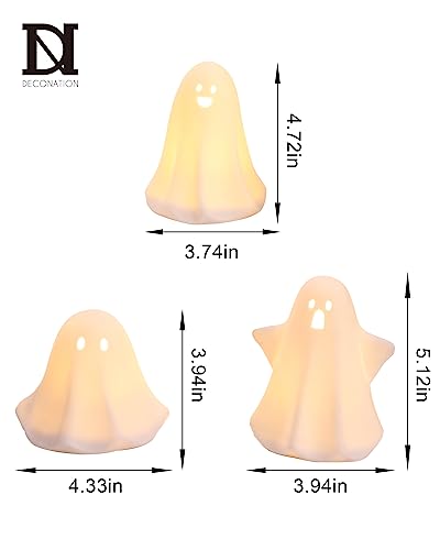 DN DECONATION Cute Ceramic Light Up Ghost Decor, 3PCS Ghost Halloween Decor White Spooky Sculptures, Small Led Ghost Figurines for Indoor Halloween Party Desk Tabletop Centerpieces Decoration