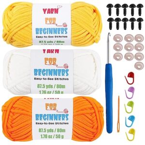 crochet and knitting yarn for beginners 3x1.76oz yarn for crocheting with easy-to-see stitches chunky cotton-nylon blend easy yarn kit for beginner crocheting set 262 yards, yellow&white&orange