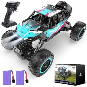 deerc 1:12 remote control car with metal shell, 4wd off road monster truck, dual motors led headlight rc rock crawler, 2.4ghz all terrain hobby rc cars toys for boys kids adults gifts (w/2 batteries)