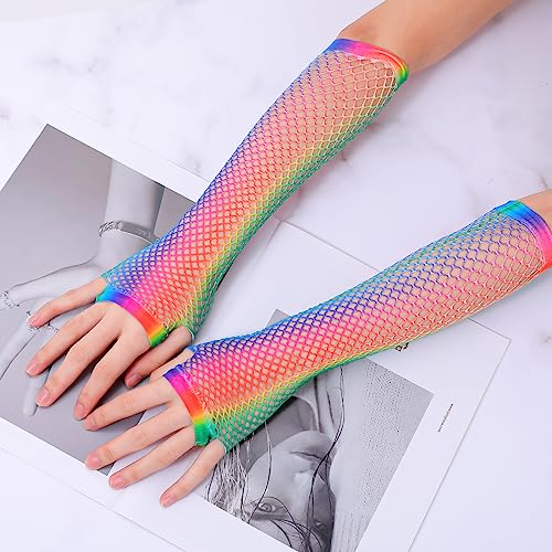 Yolev Rainbow Fingerless Fishnet Gloves 2 Pairs Long Fishnet Mesh Fingerless Gloves 80s Short Fishnet Gloves 80s 90s Party Cosplay Costume Accessories for Women and Girls