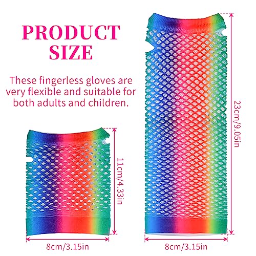 Yolev Rainbow Fingerless Fishnet Gloves 2 Pairs Long Fishnet Mesh Fingerless Gloves 80s Short Fishnet Gloves 80s 90s Party Cosplay Costume Accessories for Women and Girls