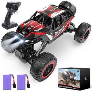 deerc 1:12 remote control car with metal shell, 4wd off road monster truck, dual motors led headlight rc rock crawler, 2.4ghz all terrain hobby rc cars toys for boys kids adults gifts (w/2 batteries)