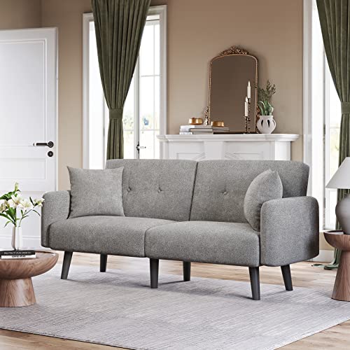 Koorlian Futon Sofa Bed, Convertible Sleeper Sofa with Armrest… (Light Grey)