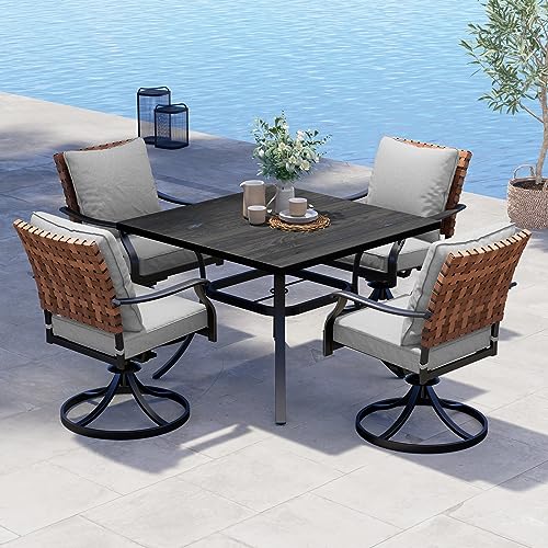 Grand patio 5-Piece Outdoor Dining Set, 4 Steel Leather-Look Resin Wicker Swivel Patio Chairs & 1 Square Dining Table, Black