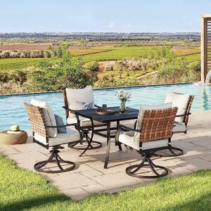 Grand patio 5-Piece Outdoor Dining Set, 4 Steel Leather-Look Resin Wicker Swivel Patio Chairs & 1 Square Dining Table, Black