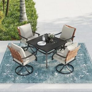 Grand patio 5-Piece Outdoor Dining Set, 4 Steel Leather-Look Resin Wicker Swivel Patio Chairs & 1 Square Dining Table, Black