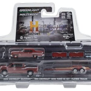 Greenlight 31160-C Hollywood Hitch & Tow Series 12 - Counting Cars - 2020 Chevry Silverado High Country with 1969 Chevy Nova Yenko SC 427 on Flatbed Trailer 1/64 Scale