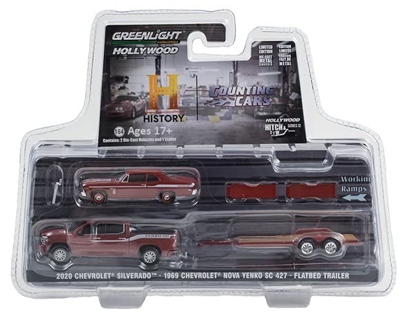 Greenlight 31160-C Hollywood Hitch & Tow Series 12 - Counting Cars - 2020 Chevry Silverado High Country with 1969 Chevy Nova Yenko SC 427 on Flatbed Trailer 1/64 Scale