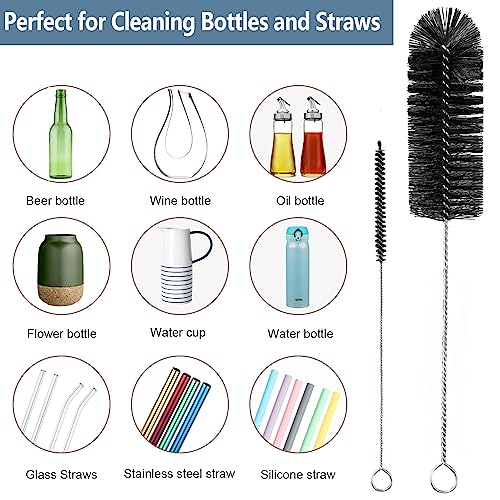 8 Pcs Bottle Brush and Straw Cleaner Brush, Long Deep Nylon Black Bottle Cleaner Brush with Durable Stainless Steel Flexible Handles for Bottles, Straws, Pipes, Wine Decanter, Sinks and Cup Cover