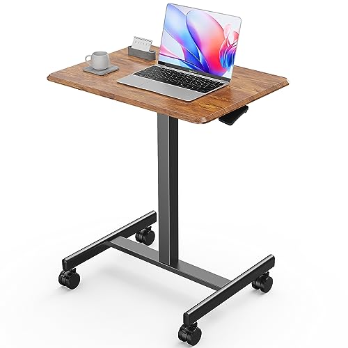 Sweetcrispy Mobile Small Stading Desk - Sit Stand Desk, Portable Rolling Laptop Desk with Lockable Wheels, Overbed Table with Wheels Adjustable Height, Computer Workstations, Rust Brown