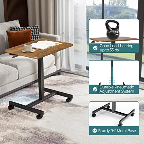 Sweetcrispy Mobile Small Stading Desk - Sit Stand Desk, Portable Rolling Laptop Desk with Lockable Wheels, Overbed Table with Wheels Adjustable Height, Computer Workstations, Rust Brown