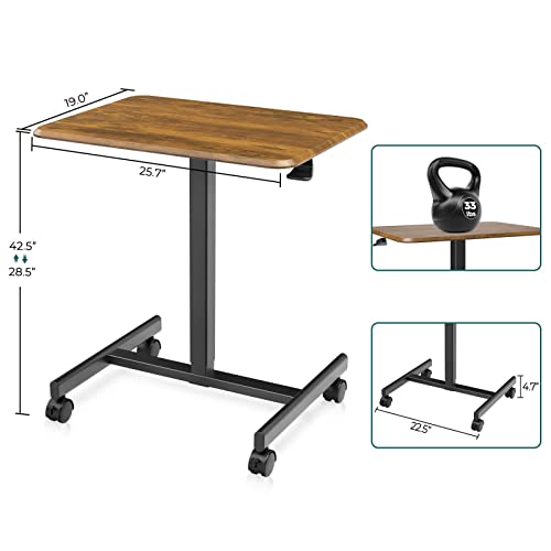 Sweetcrispy Mobile Small Stading Desk - Sit Stand Desk, Portable Rolling Laptop Desk with Lockable Wheels, Overbed Table with Wheels Adjustable Height, Computer Workstations, Rust Brown