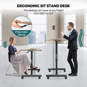 Sweetcrispy Mobile Small Stading Desk - Sit Stand Desk, Portable Rolling Laptop Desk with Lockable Wheels, Overbed Table with Wheels Adjustable Height, Computer Workstations, Rust Brown