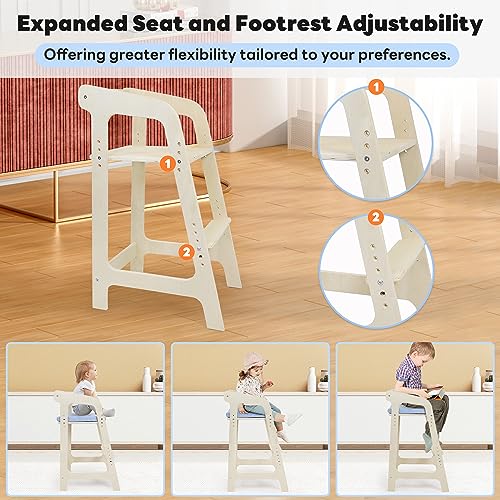 Adjustable Wooden High Chair for Toddlers - Counter Height Dining Chair with Removable Cushion - Perfect for Kids' Dining, Studying, and Feeding